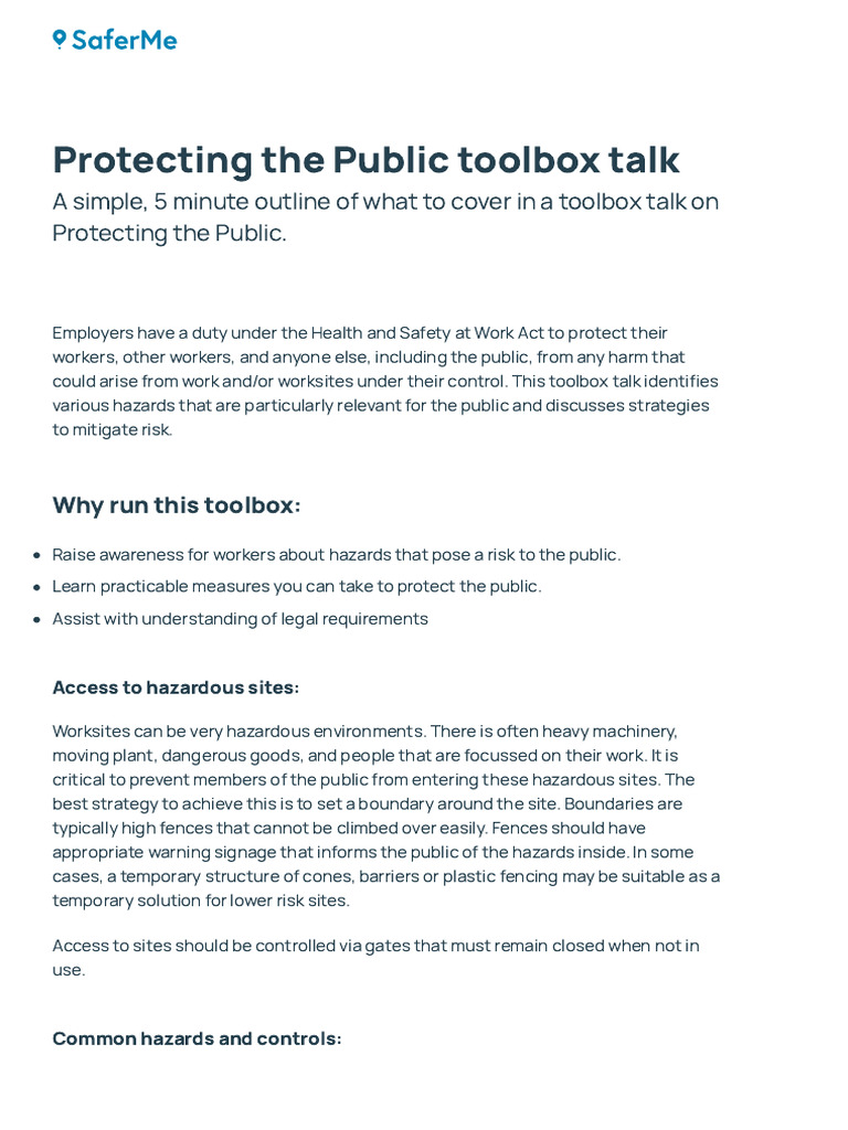Protecting The Public Toolbox Talk | Download Free PDF | Occupational ...