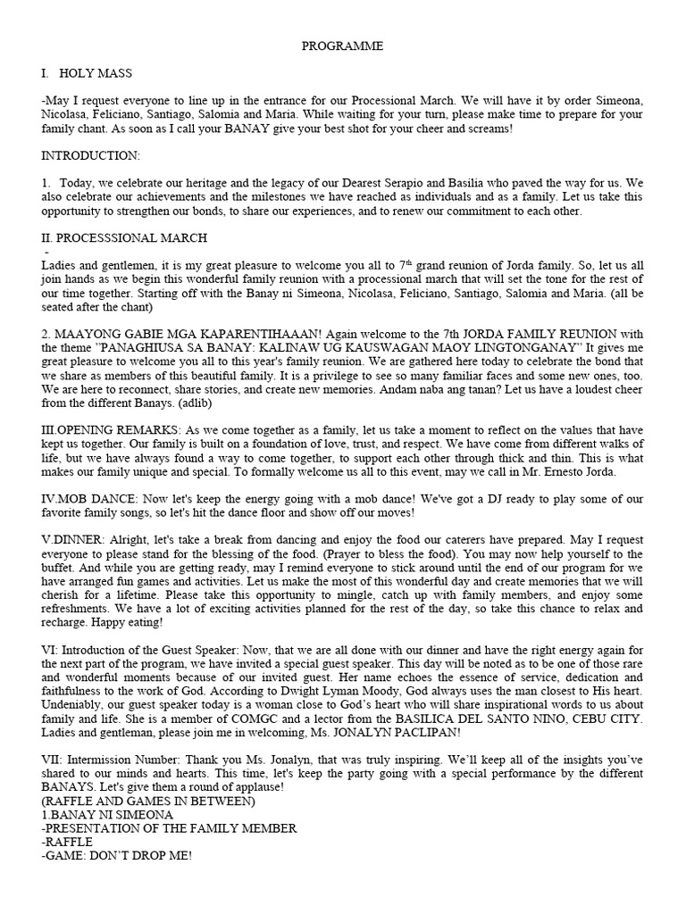 Jorda Family Reunion Program Flow | PDF | Cooking, Food & Wine | Art