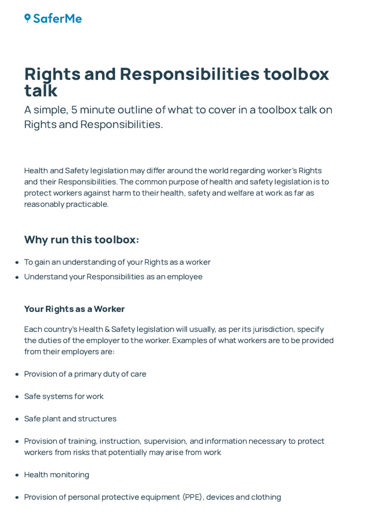 Rights and Responsibilities Toolbox | PDF | Occupational Safety And ...
