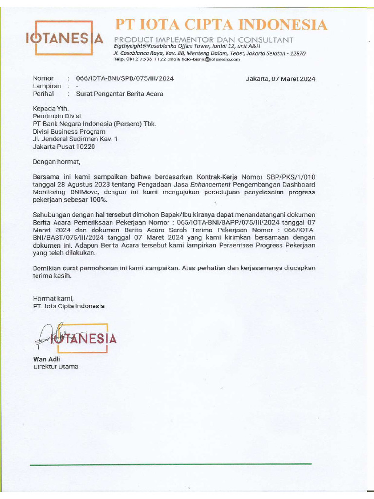 (Scan) - Surat Pengantar BAPP Dan BAST - Enhancement Dashboard Monitoring BNIMove | PDF