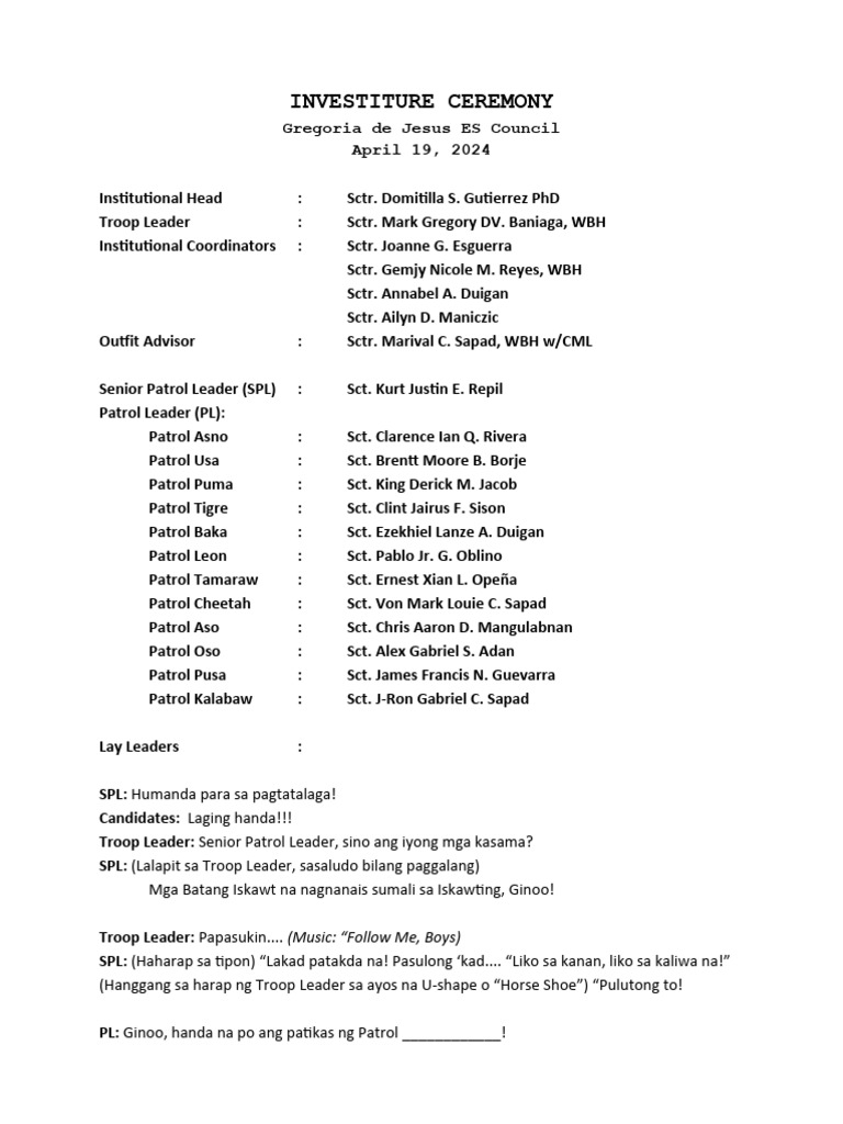 BSP Investiture Script Program | PDF