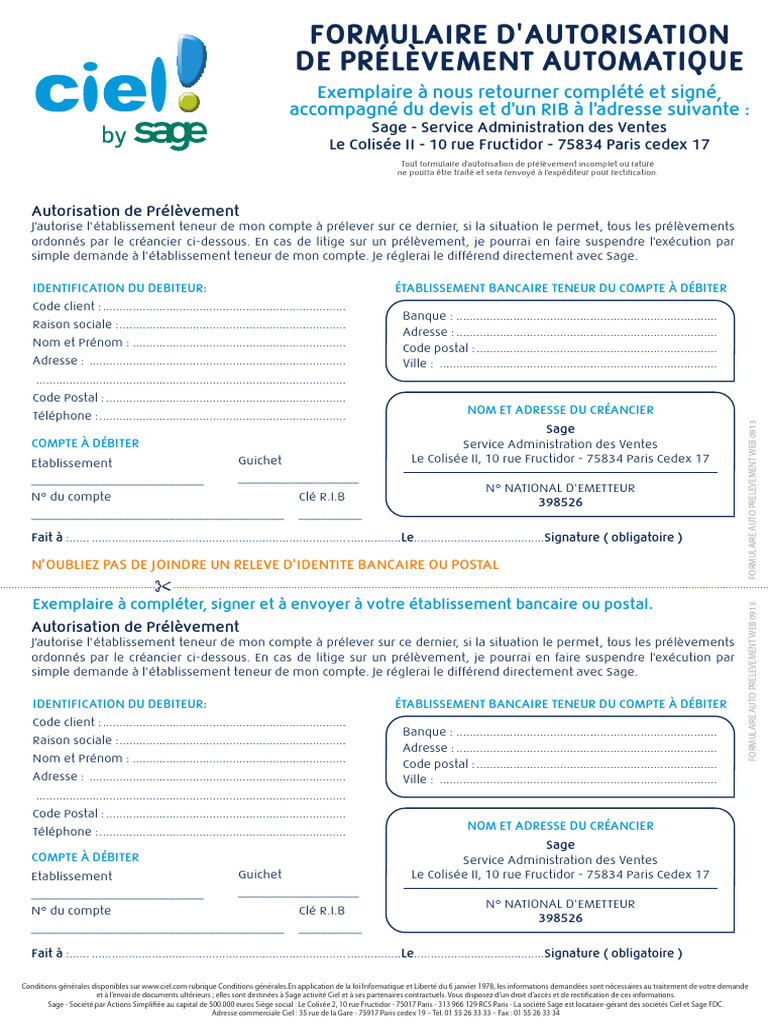 Formulaire d'Autorisation de Prélèvement | PDF