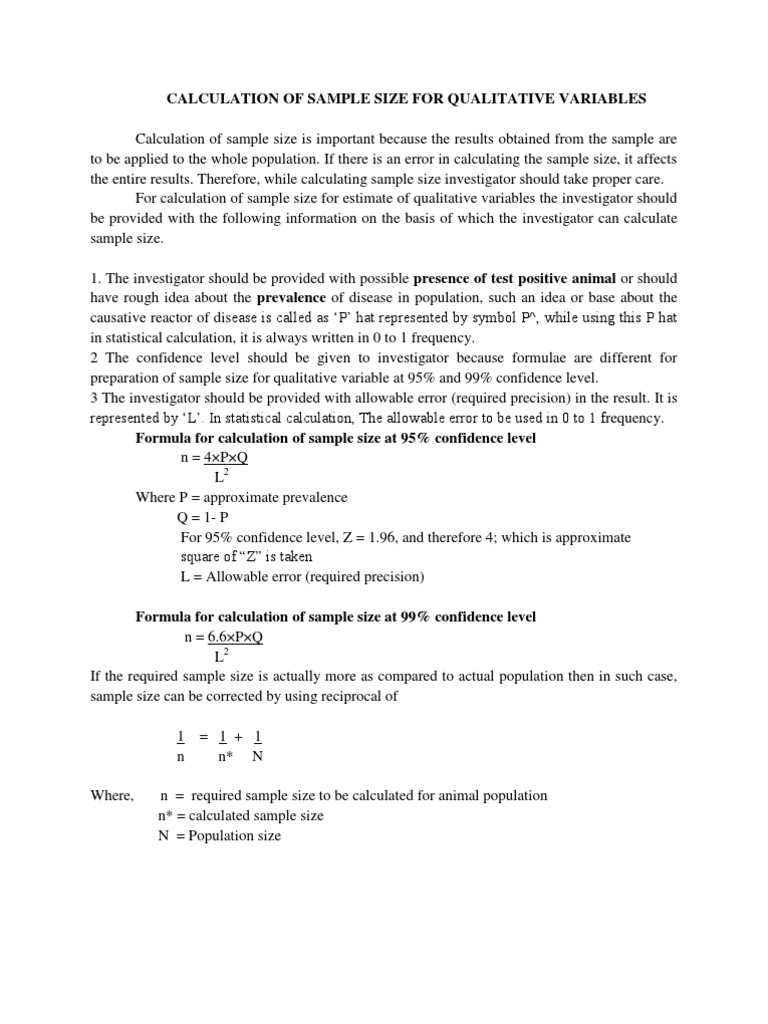 Calculation of Sample Size for Qualitative Variables | Sample Size ...