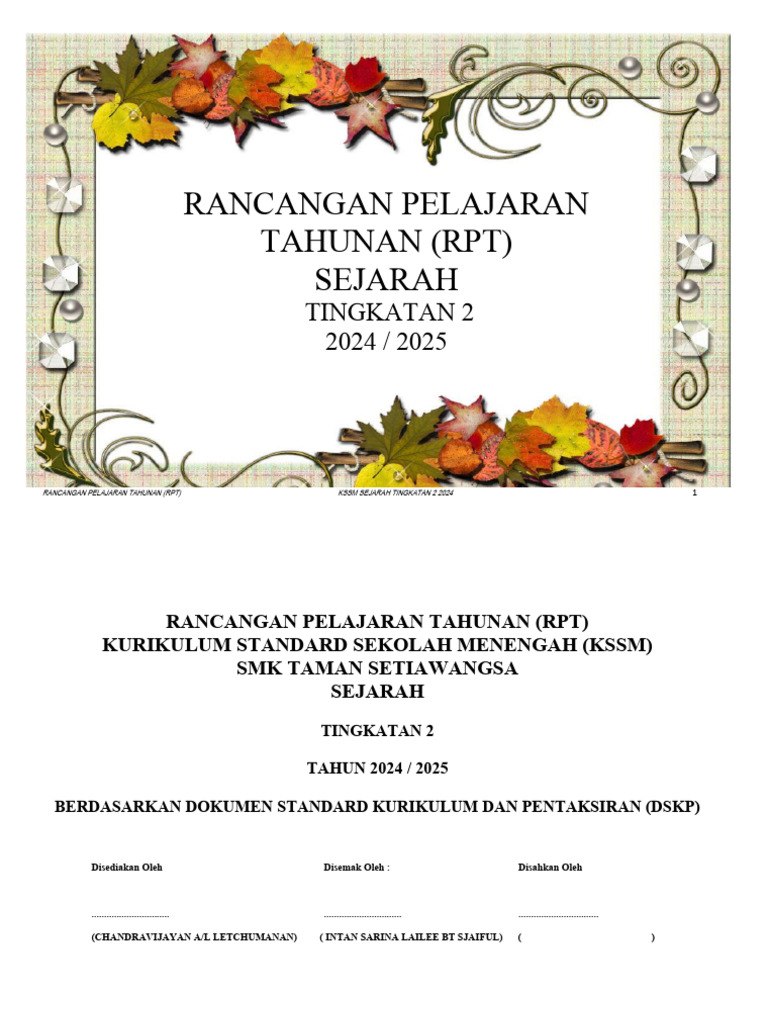 Rancangan Pelajaran Tahunan (RPT) Sejarah: Tingkatan 2 2024 / 2025 | PDF