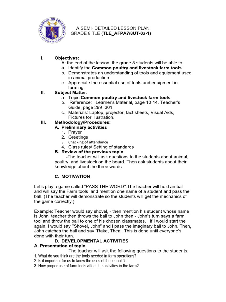 Grade 8 Lesson Plan: Farm Tools | PDF | Lesson Plan | Teachers