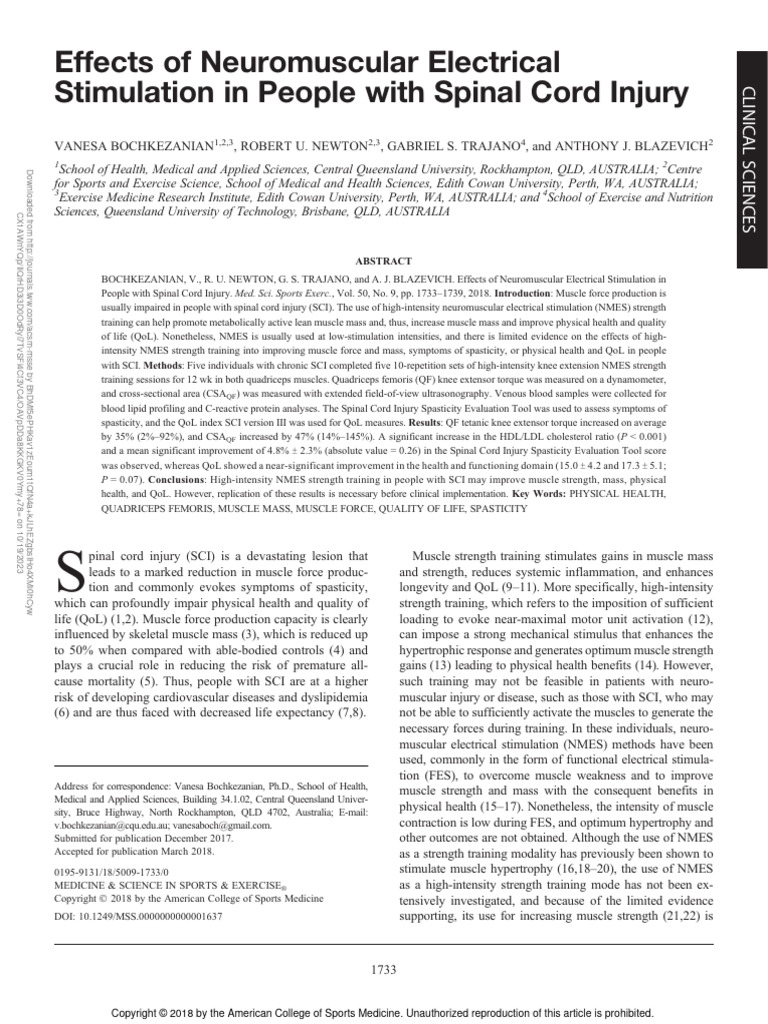 Effects of Neuromuscular Electrical Stimulation in People With Spinal Cord Injury | PDF ...