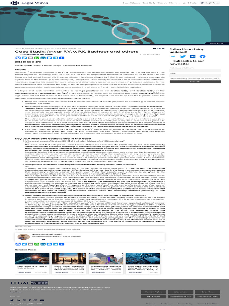 Case Study - Anvar P.V. v. P.K. Basheer and Others - Legal Wires | PDF ...