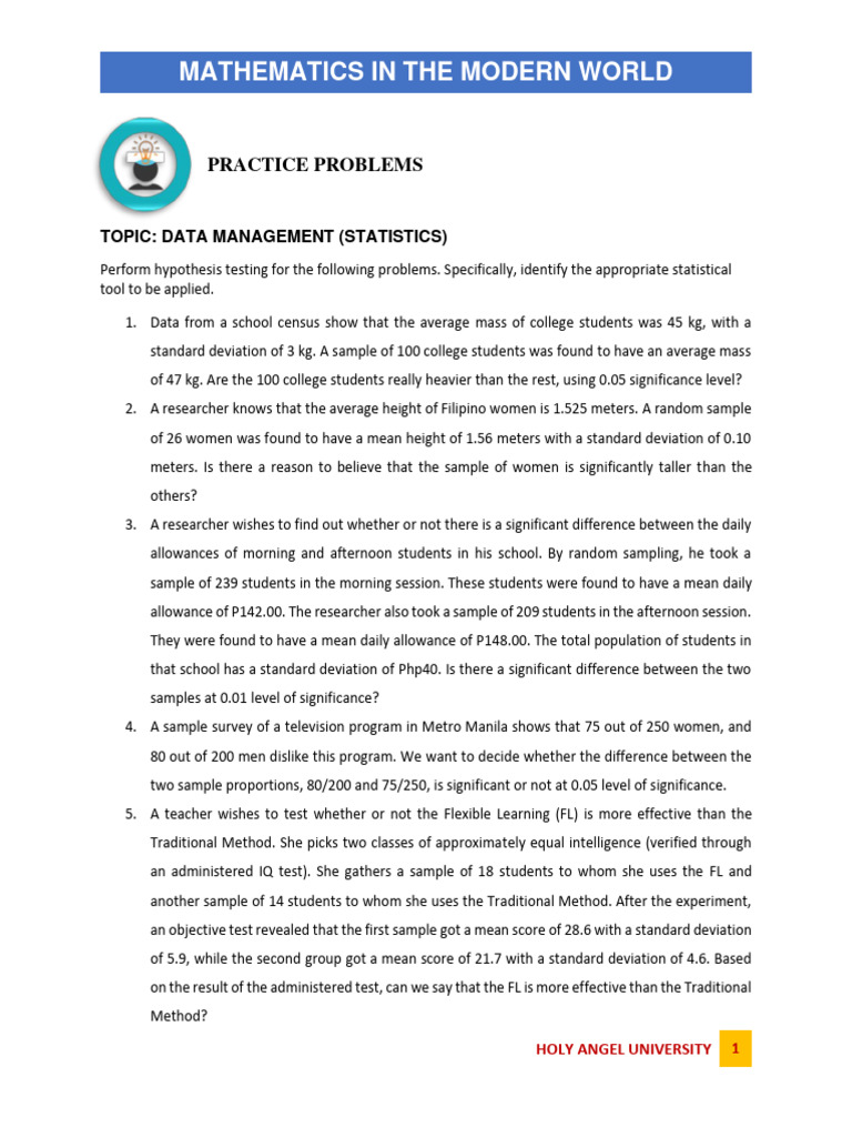 MATHMWORLD - MODULE 2 - PRACTICE - Hypothesis Testing | PDF | Sampling ...
