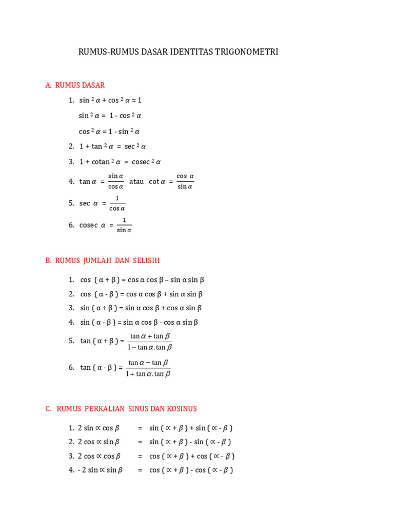 Rumus-Rumus Dasar Identitas Trigonometri | PDF