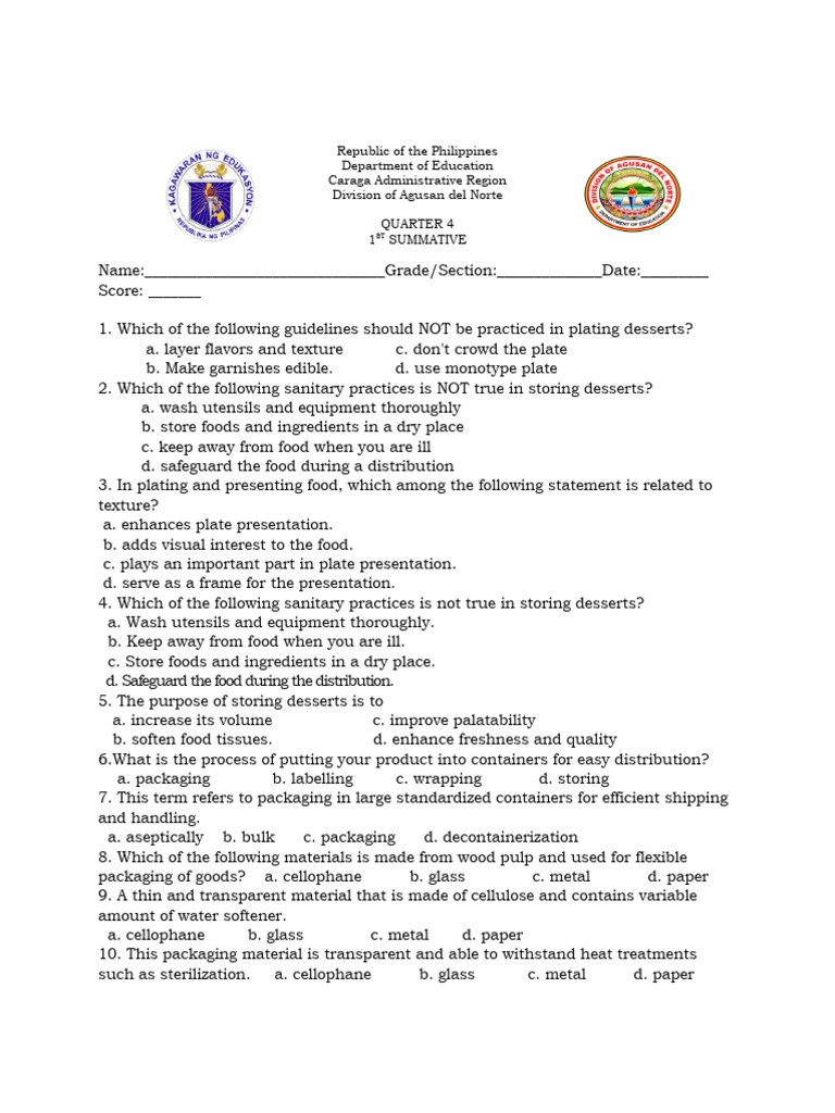 Cookery 9 Quarter 4 Summative 1 | PDF | Desserts | Cuisine