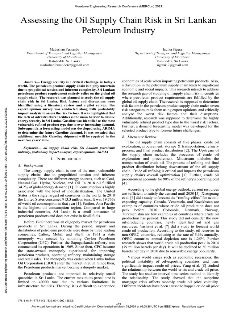 Assessing The Oil Supply Chain Risk in Sri Lankan Petroleum Industry ...
