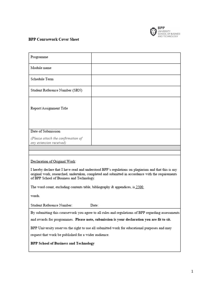 BPP Coursework Cover Sheet: (Please Attach The Confirmation of Any ...