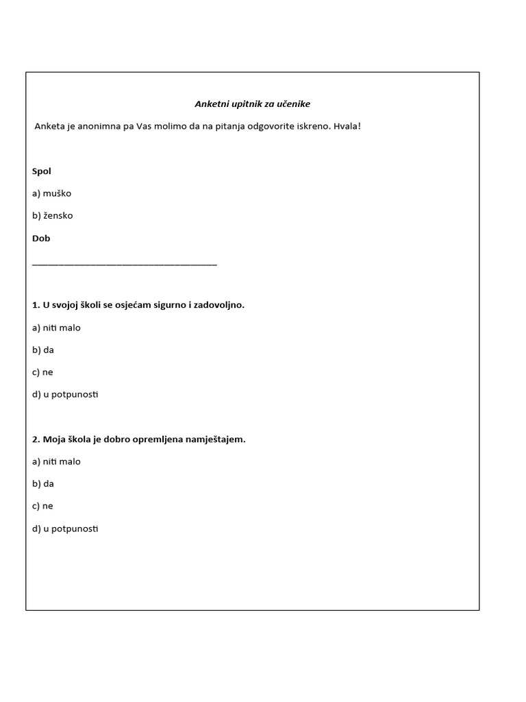 Anketni Upitnik Za Učenike - Step 1 | PDF