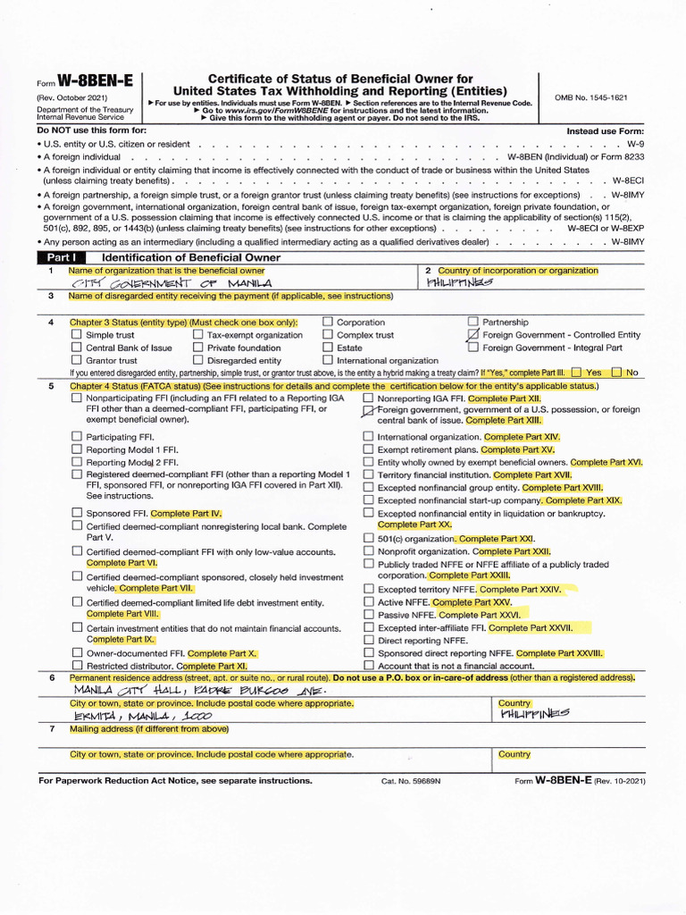 W-8BEN-E Form Instructions | PDF | Pension | Banks