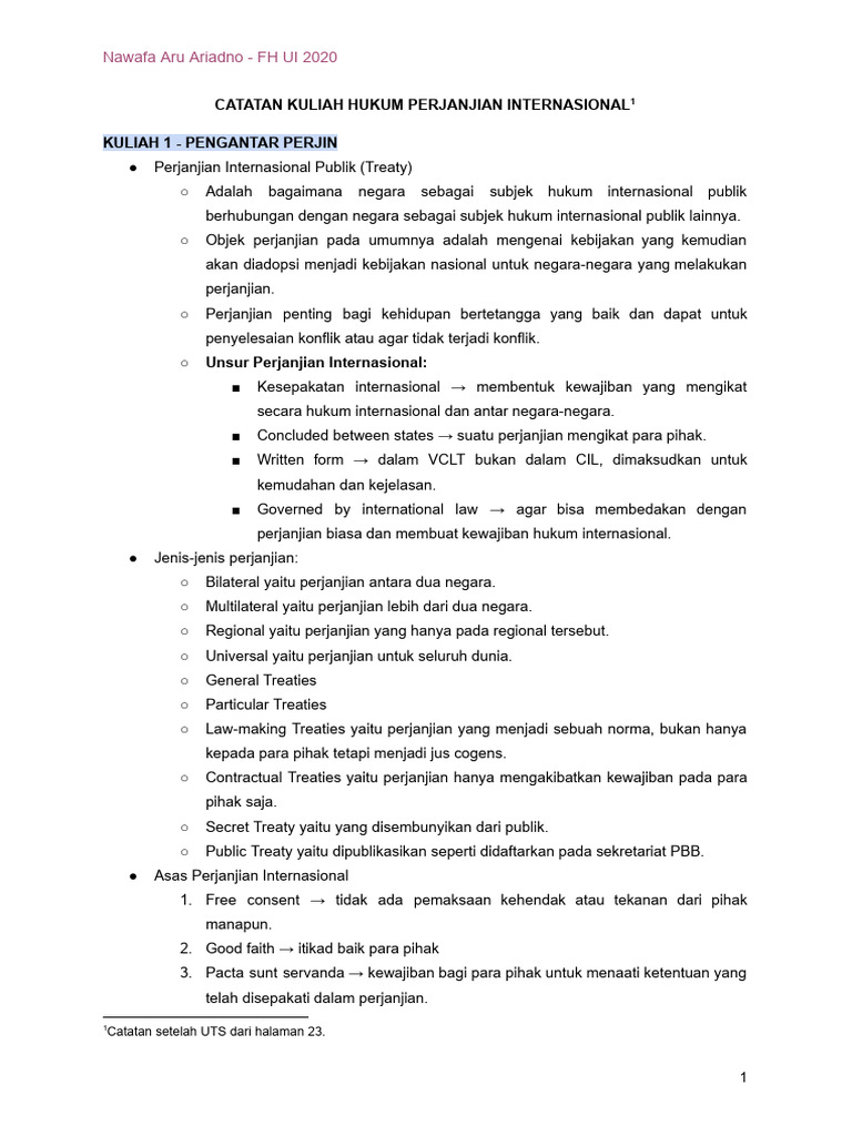 Catatan Hukum Perjanjian Internasional - UTS - UAS | PDF