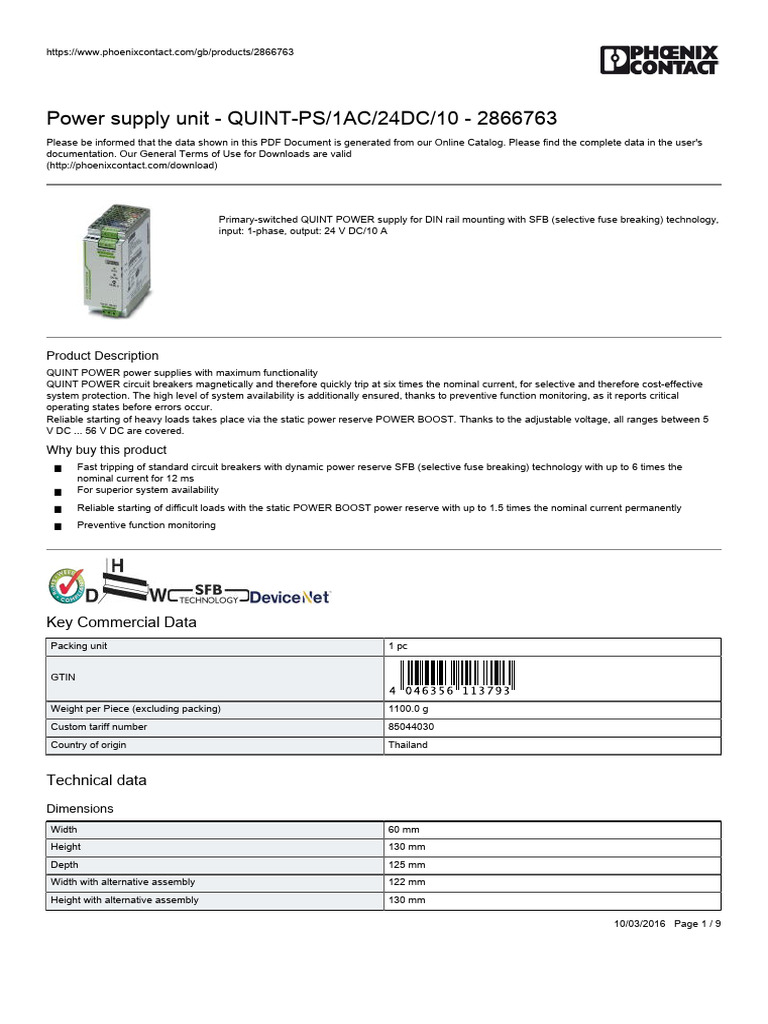 Phoenix Contact-QUINT-PS 1AC 24DC 10-Datasheet | PDF | Power Supply | Alternating Current
