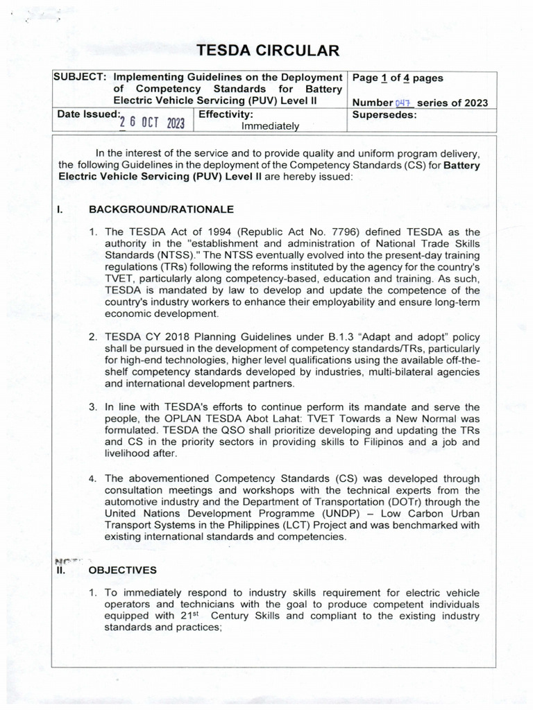 TESDA Circular No. 047-2023 | PDF | Electric Vehicle | Vocational Education TESDA Circular No. 047-2023 | PDF | Electric Vehicle | Vocational Education