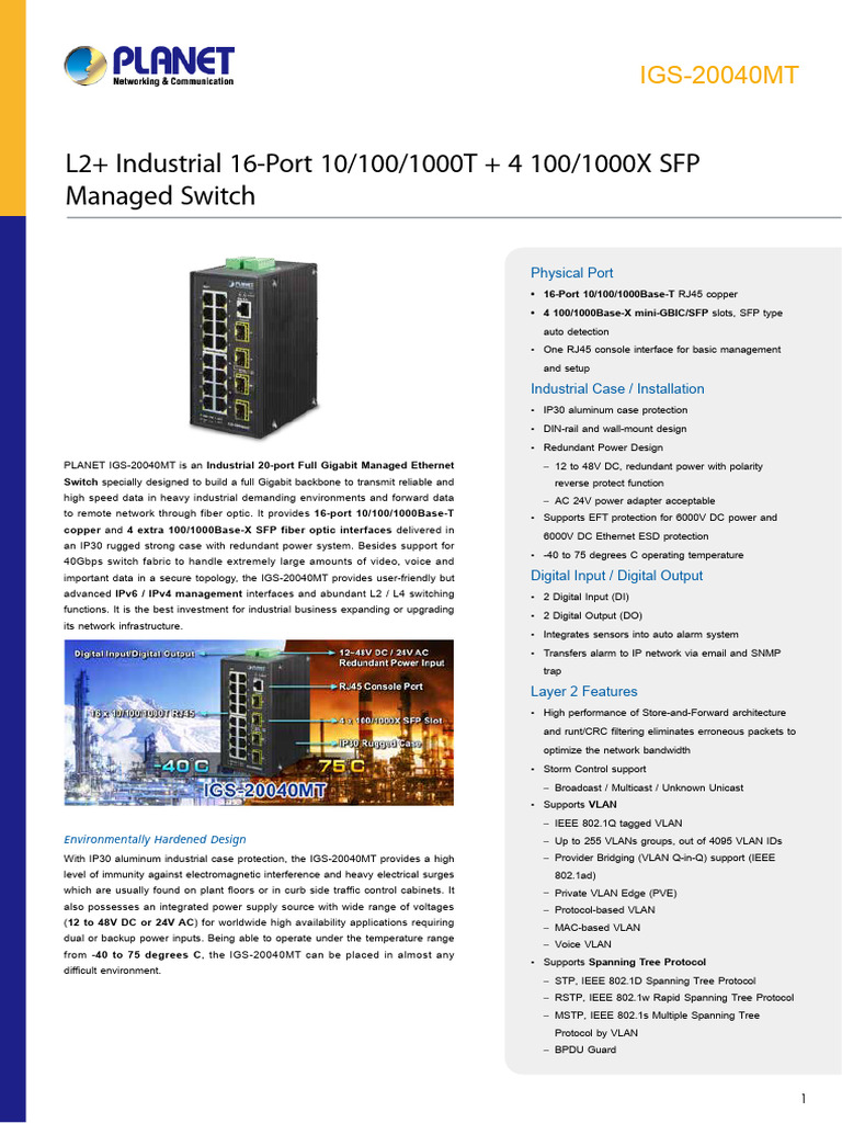 L2+ Industrial 16-Port 10/100/1000T + 4 100/1000X SFP Managed Switch | PDF | Internet Protocols ...
