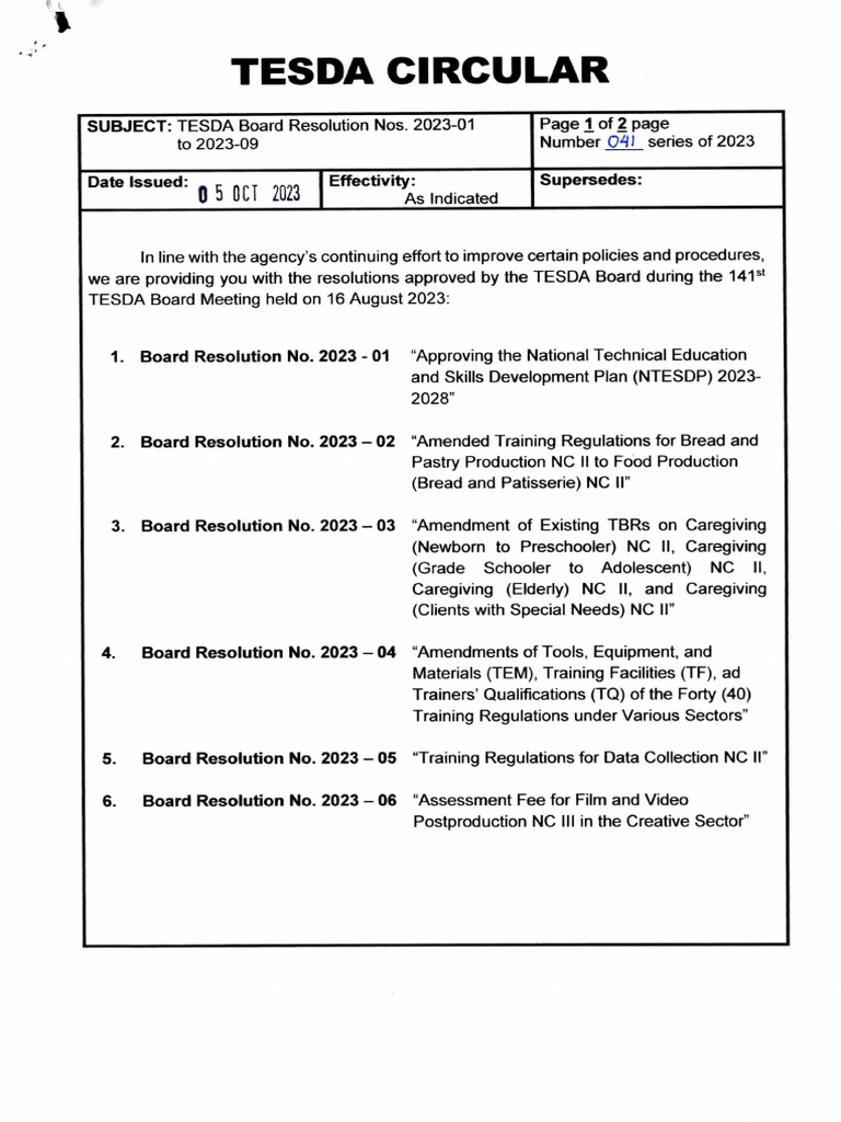 TESDA Circular No. 041-2023 | PDF | Apprenticeship