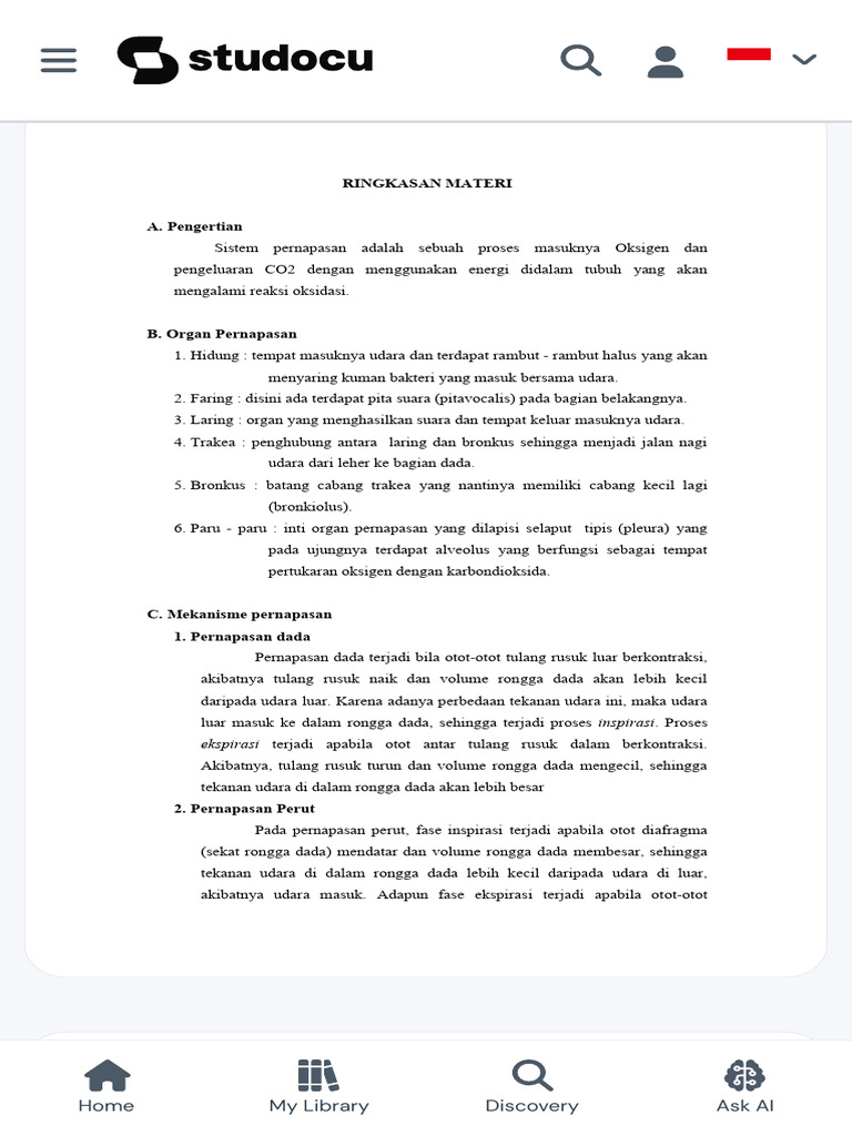 Ringkasan Sistem Pernapasan - RINGKASAN MATERI A. Pengertian Sistem Pernapasan Adalah Sebuah ...