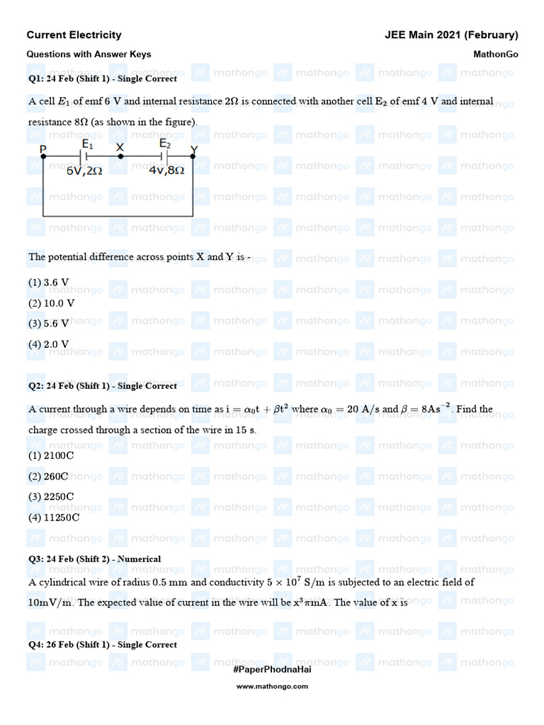 Mathongo Question Current Electricity Jee Main 2021 February 4616
