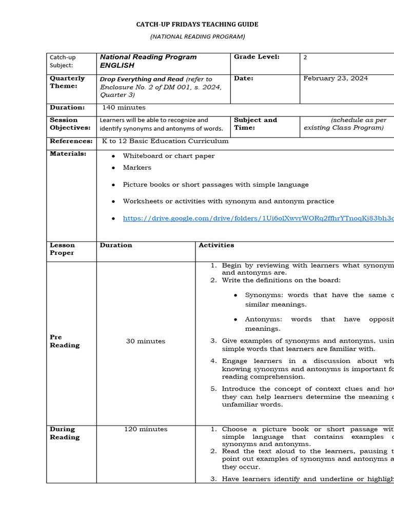 GRADE 2-National Reading Program | PDF | Learning | Pedagogy