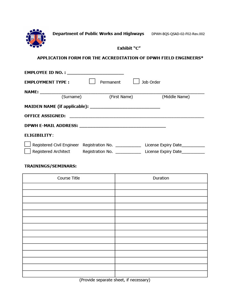Updated Application Form For DPWH Field Engrs Accreditation | PDF ...