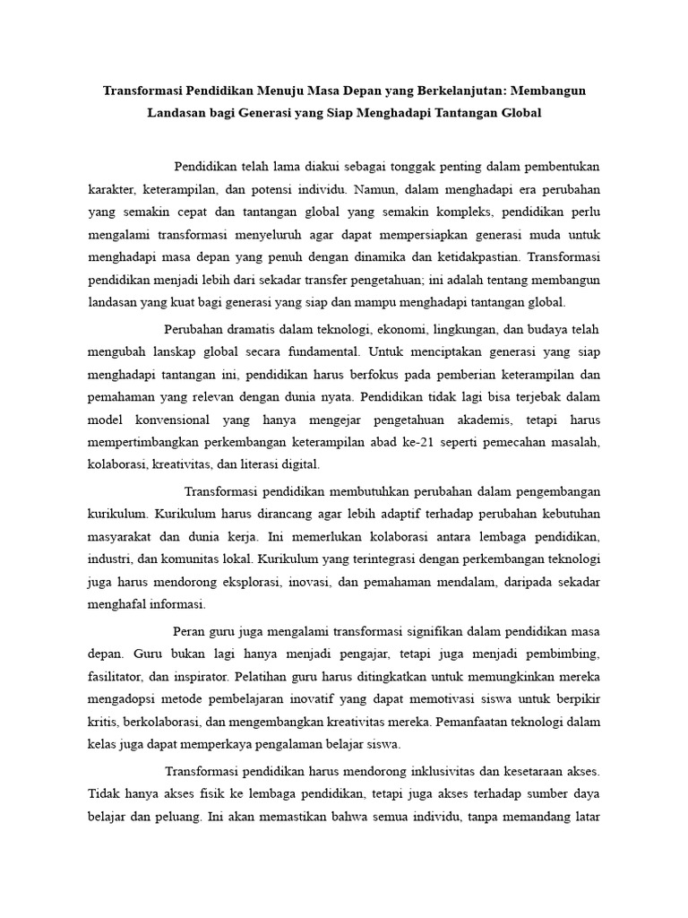 Essay Transformasi Pendidikan Menuju Masa Depan Yang Berkelanjutan | PDF