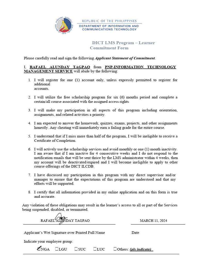 DICT LMS Learner Commitment Form | PDF | Career & Growth