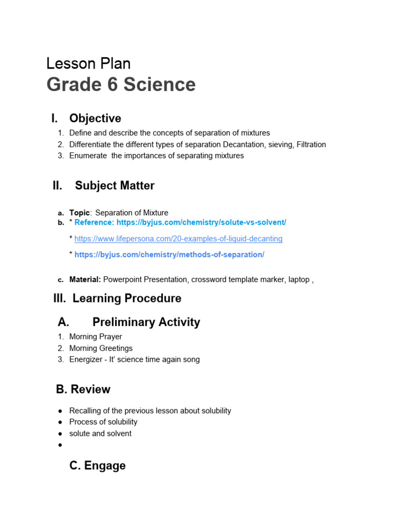 Lesson Plan Grade 6 Science 5es | PDF | Filtration | Mixture