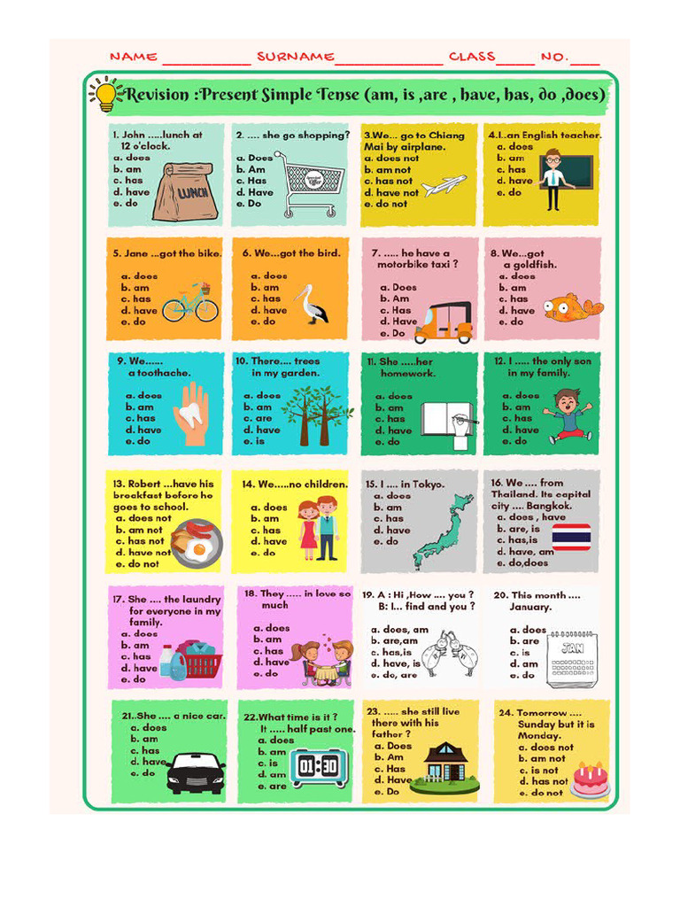 แบบฝึกหัดท้ายบทเรียน เรื่อง คำกริยา verb to be, do does | PDF