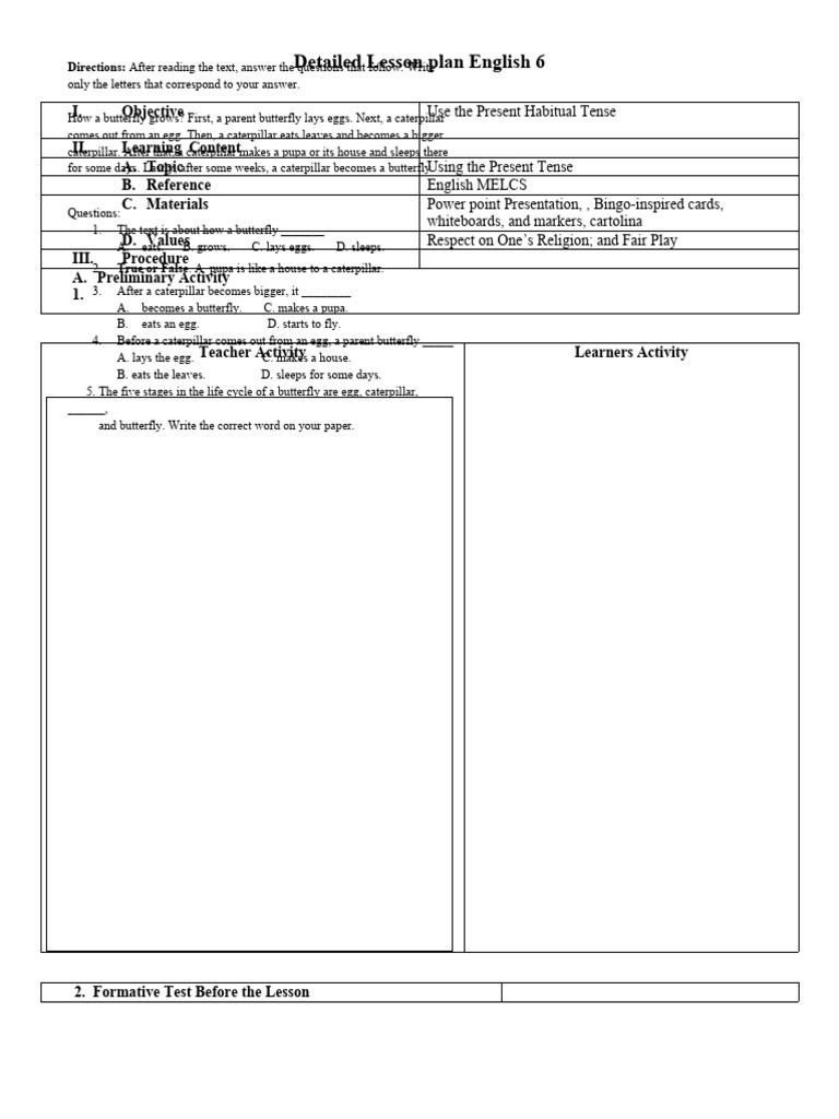 English Detailed lesson plan | PDF | English Language | Butterfly