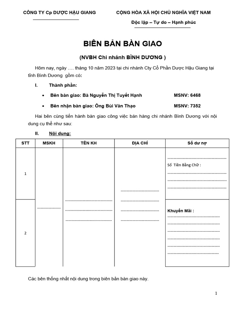 Bien Ban Ban Giao | PDF