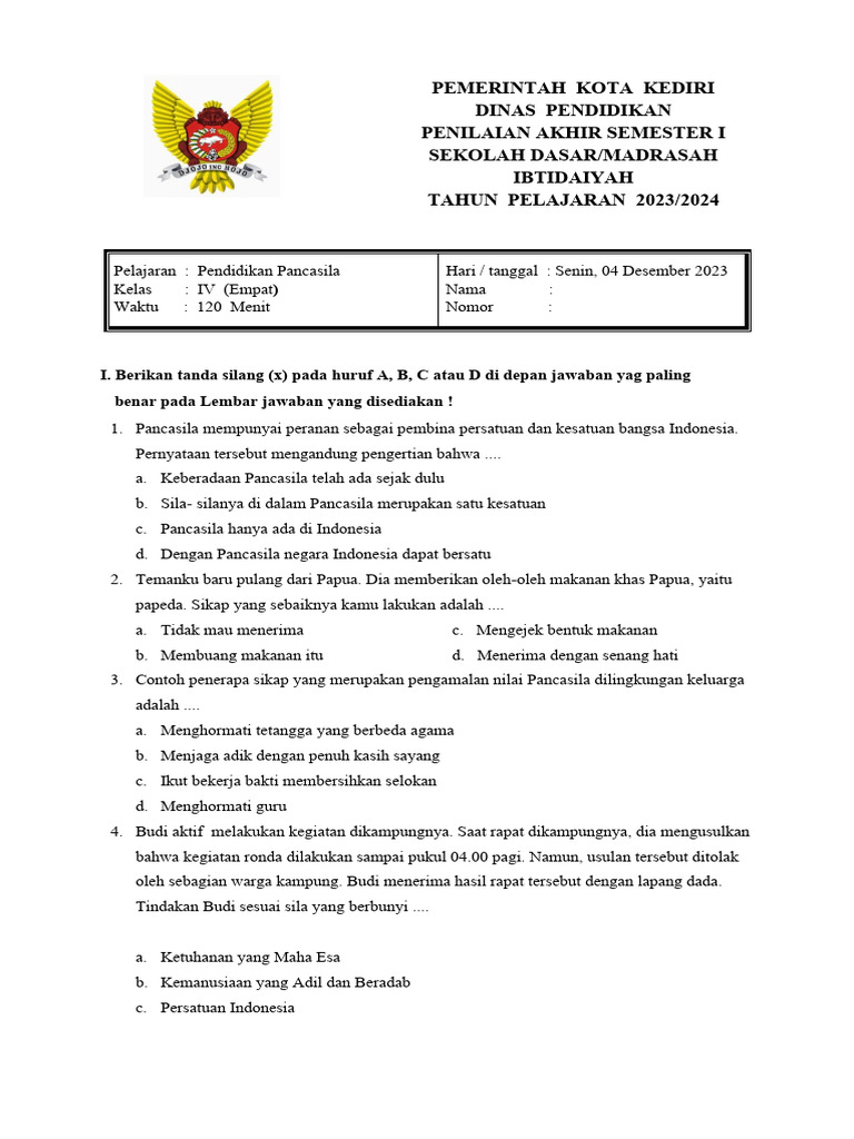 Soal Semester 1 Kumer Kelas 4 2023 Yyyyyyyyy | PDF