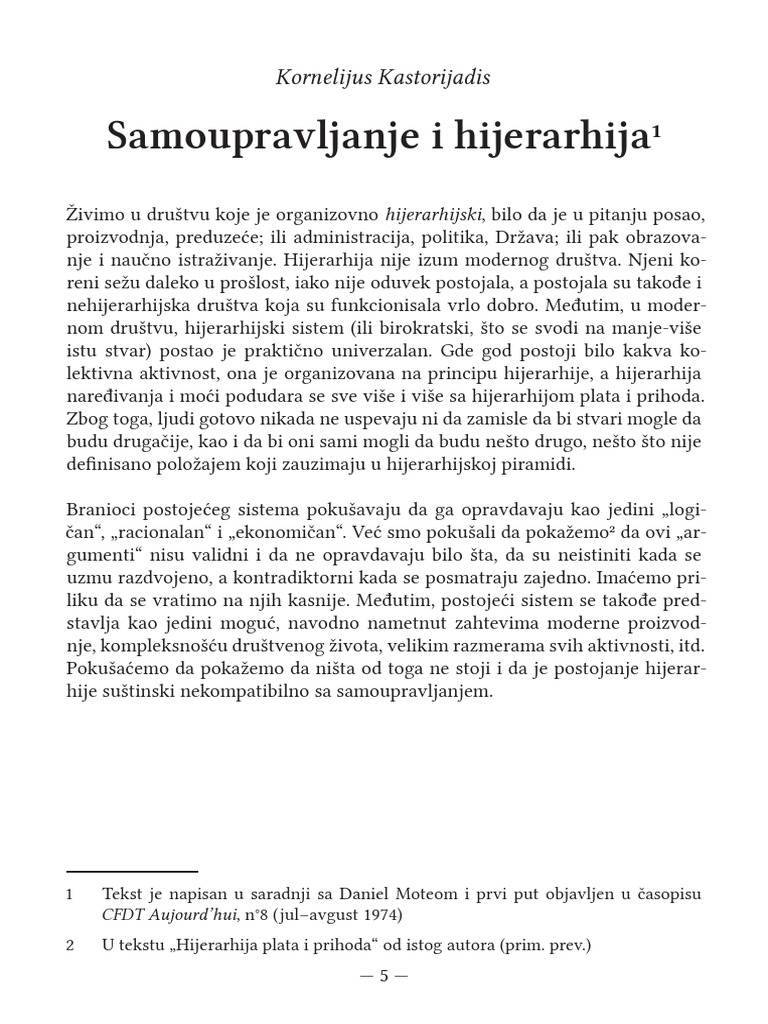 Kornelijus Kastorijadis - Samoupravljanje I Hijerarhija | PDF