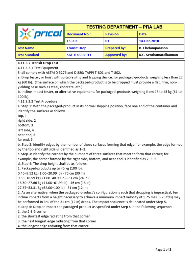ASTM D 5276 and D 880 TAPPI T-801 and T-802 Transit Drop Test | PDF