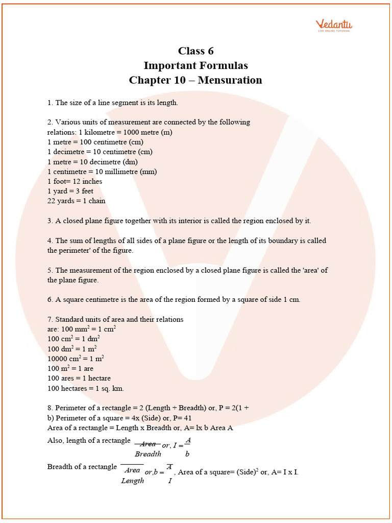 CBSE Class 6 Maths Chapter 10 - Mensuration Formulas | PDF