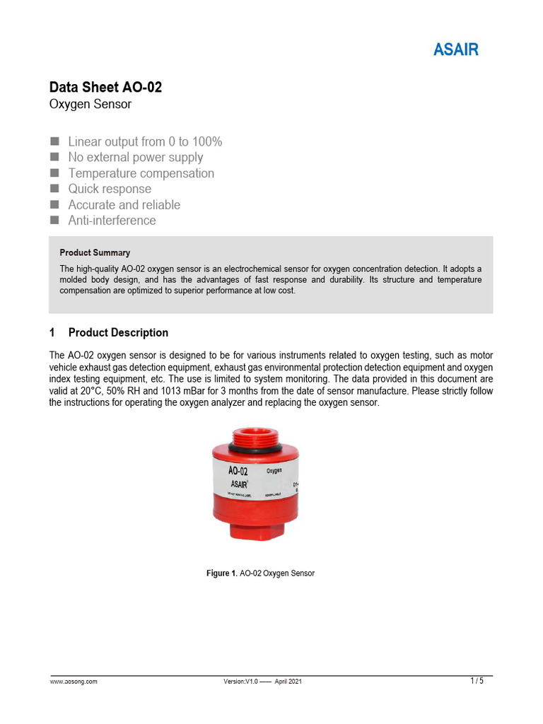 Data Sheet AO 02 Oxygen Sensor | PDF | Sensor | Measuring Instrument