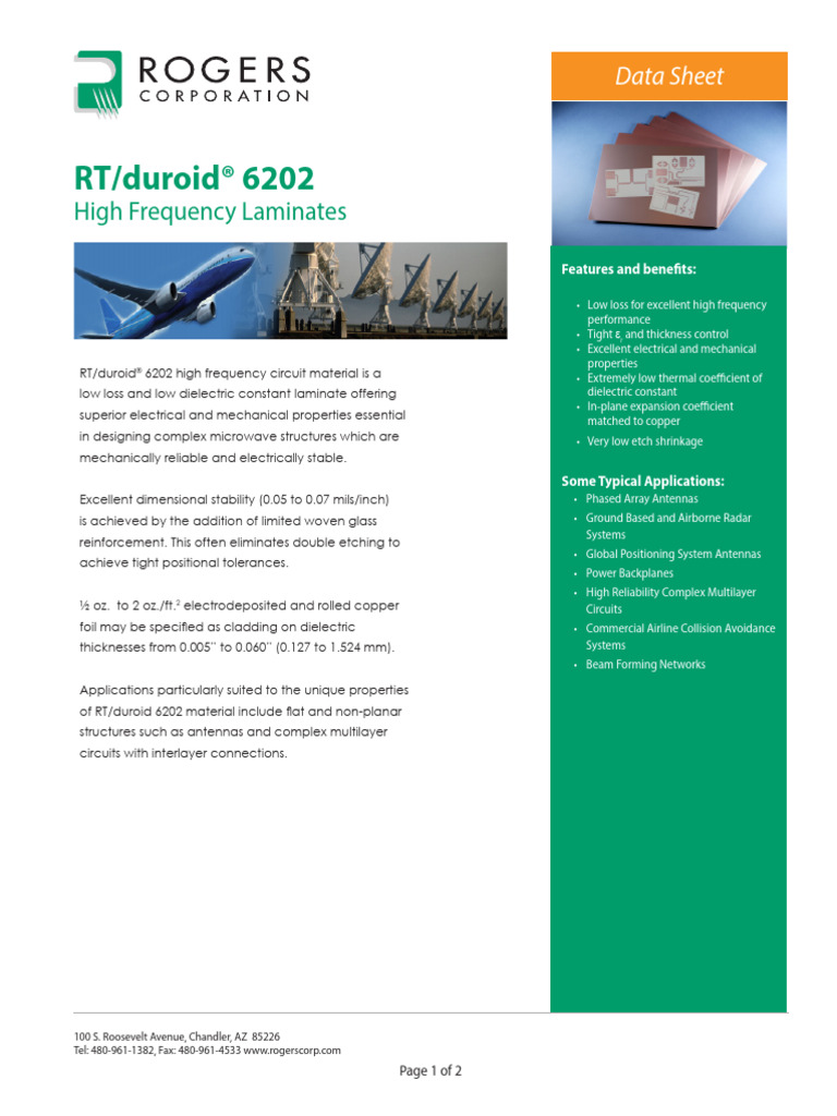 RT-duroid 6202 Laminate Data Sheet | PDF | Antenna (Radio) | Dielectric