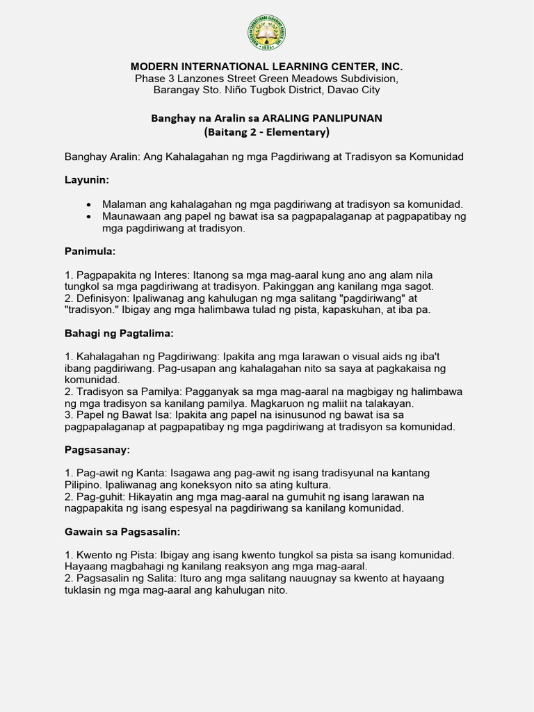 1 Lesson Plan AP KAhalagahan NG Mga Pagdiriwang at Tradisyon Sa ...