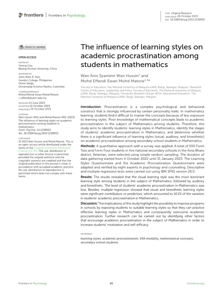 The Influence of Learning Styles On Academic Procrastination Among ...