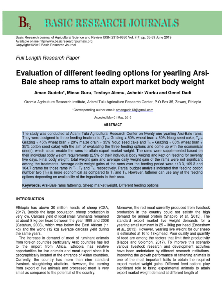 Amen Et Al Feeding Option Arsi Sheep | PDF | Sheep | Meat