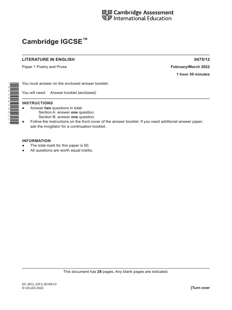 Cambridge IGCSE: Literature in English 0475/12 | PDF
