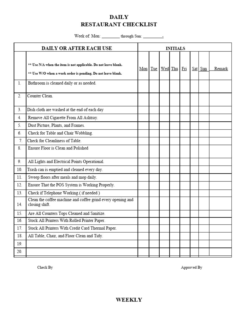 Restaurant Cleaning Check List | PDF | Home