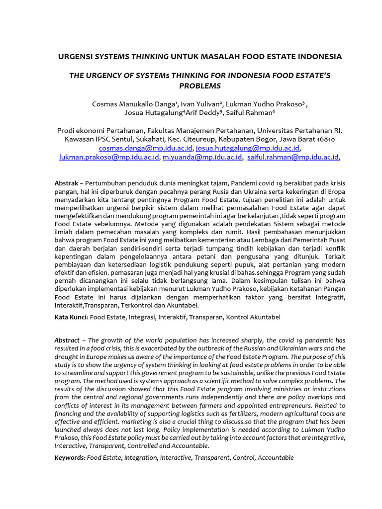 URGENSI SYSTEMS THINKING UNTUK MASALAH FOOD ESTATE INDONESIA THE ...