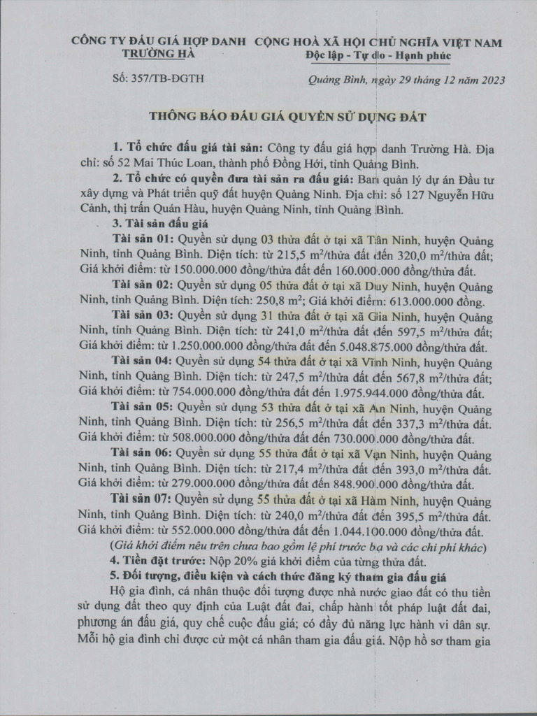 TB đấu giá 256 thửa đất tại Tân Ninh, Duy Ninh, Gia Ninh, Vĩnh Ninh, An Ninh, Vạn NInh, Hàm Ninh ...
