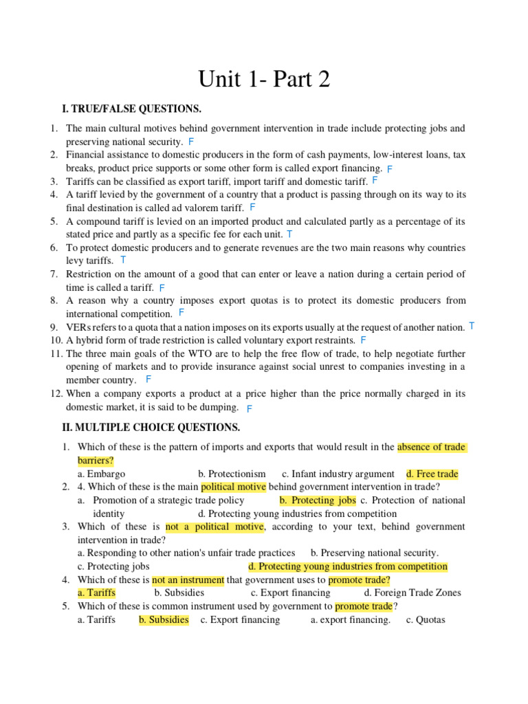 Unit 1 - Part 2 - Exercises - To Sts | PDF | Tariff | Exports