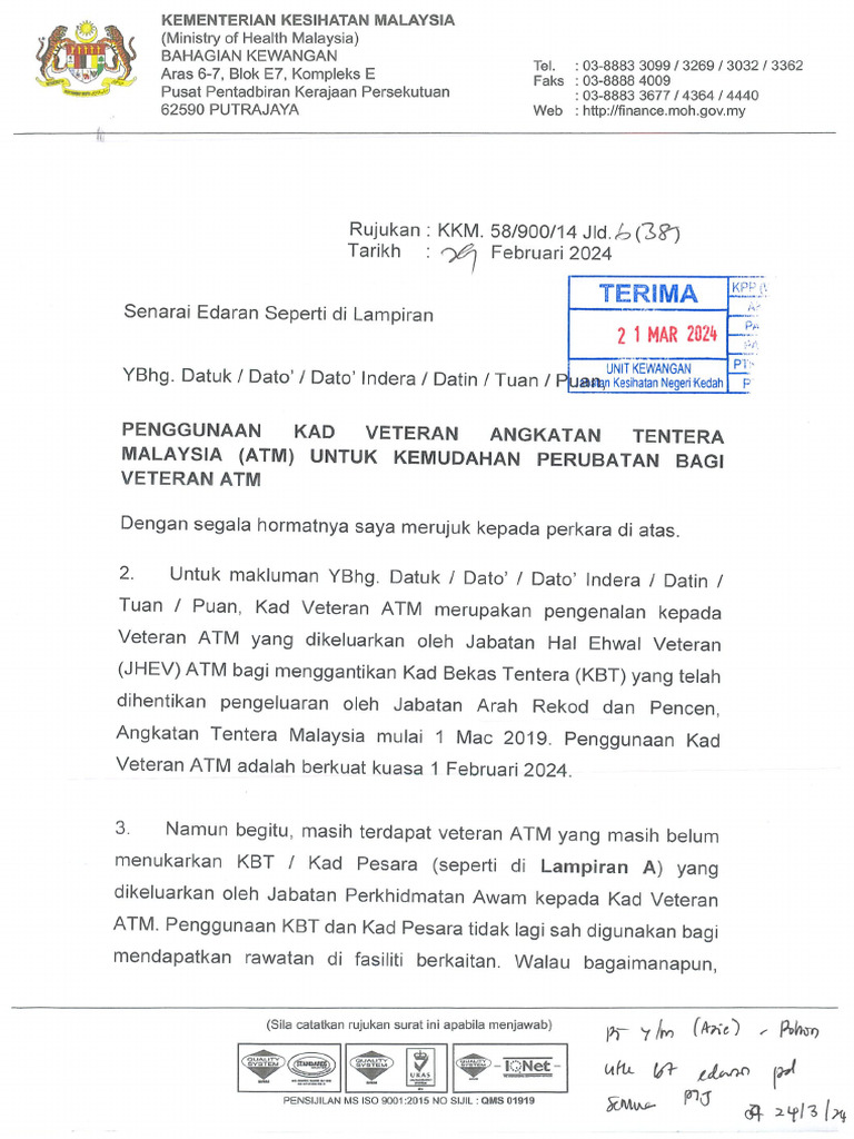 PENGGUNAAN KAD VETERAN ANGKATAN TENTERA MALAYSIA Surat BTH 29 Feb 2024 | PDF