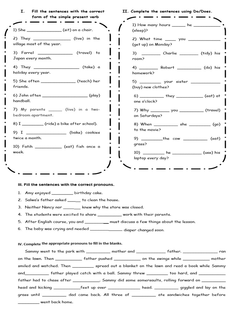 I. Fill The Sentences With The Correct II. Complete The Sentences Using ...