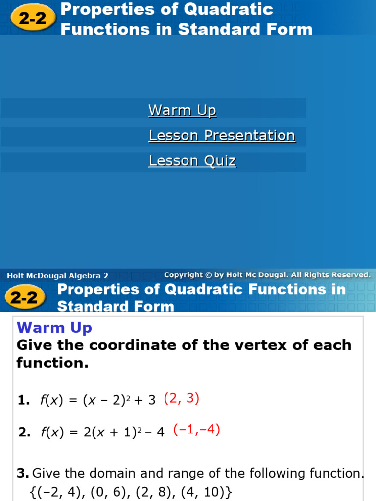 Warm Up Lesson Presentation Lesson Quiz: Holt Mcdougal Algebra 2 Holt ...